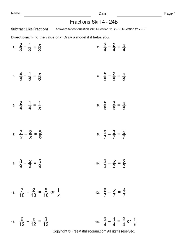 Fractions Skill 4 - 24B: Directions: Find The Value of X. Draw A Model ...