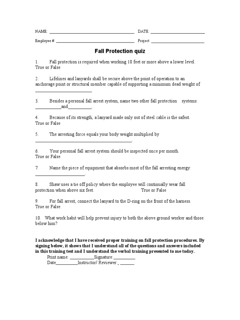 Fall Protection Quiz: Name: Date: Employee #: Project | PDF