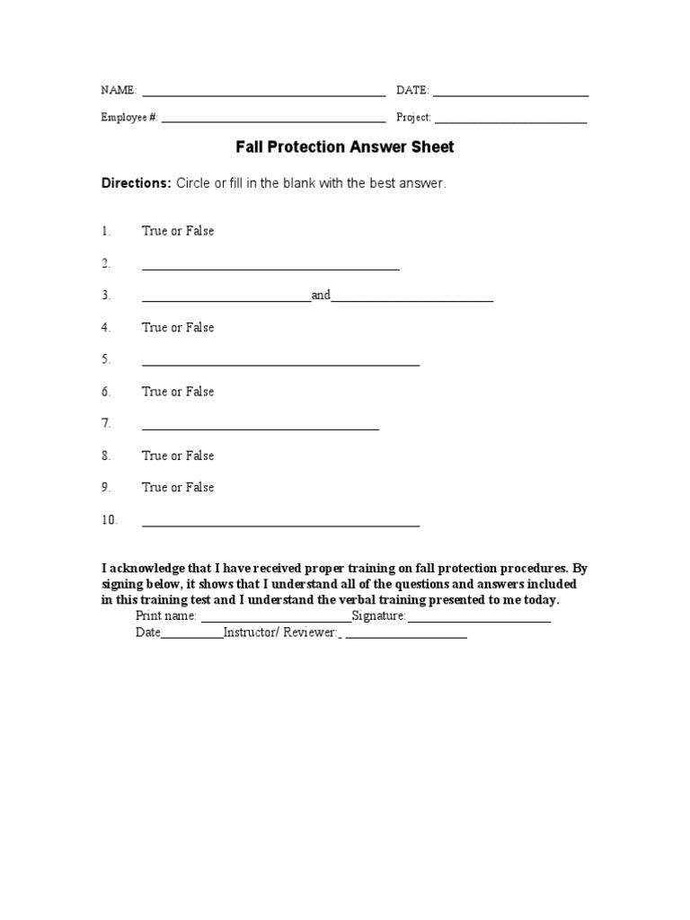 Fall Protection Answer Sheet | PDF