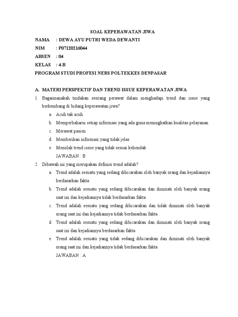 Soal Keperawatan Jiwa | PDF | Pengembangan Diri | Karier & Perkembangan