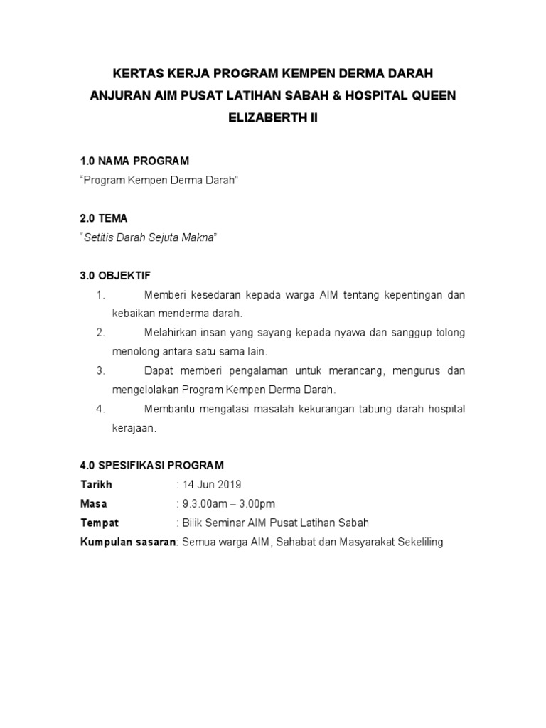 Kertas Kerja Program Kempen Derma Darah | PDF