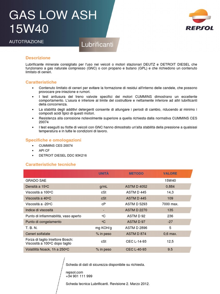 Repsol Gas Low Ash 15W40 Scheda Tecnica | PDF