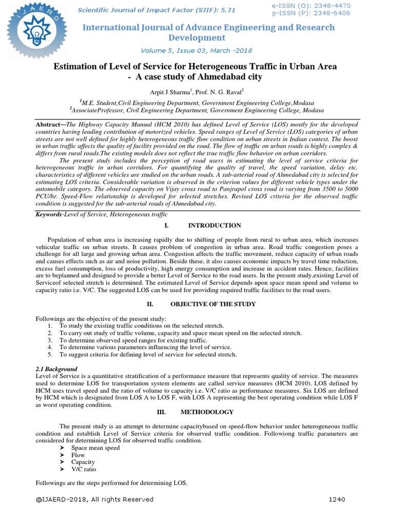 Estimating Level of Service Criteria for Heterogeneous Traffic Flows in Urban Areas: A Case ...