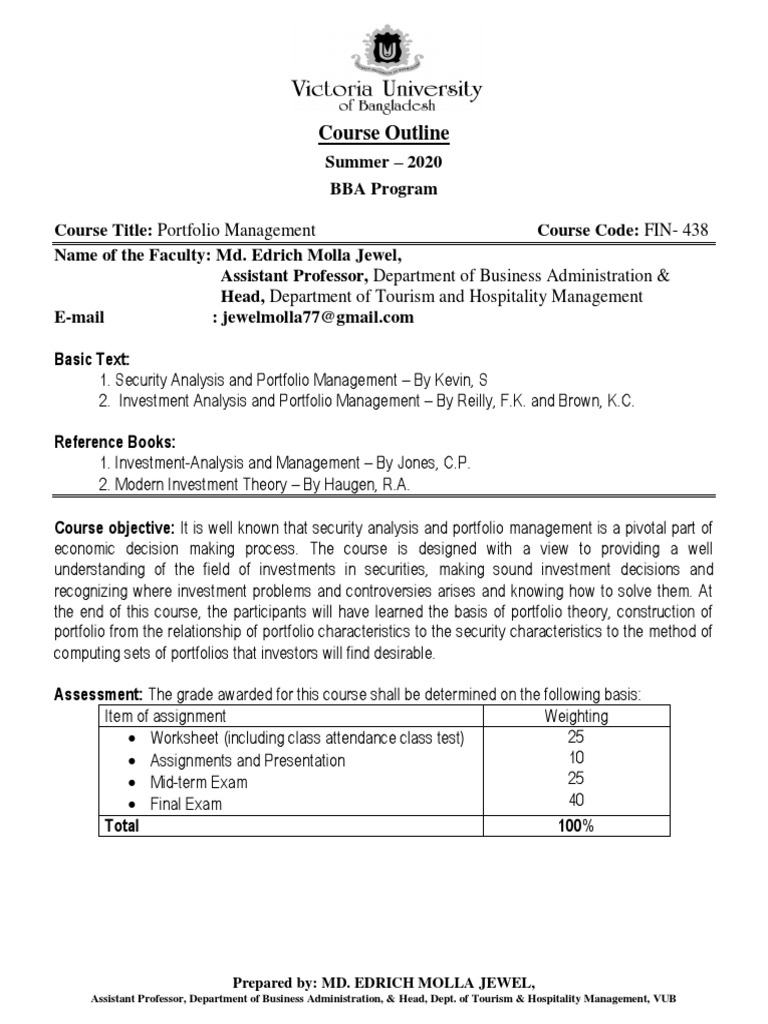 Portfolio Management Course Outline | PDF | Modern Portfolio Theory ...