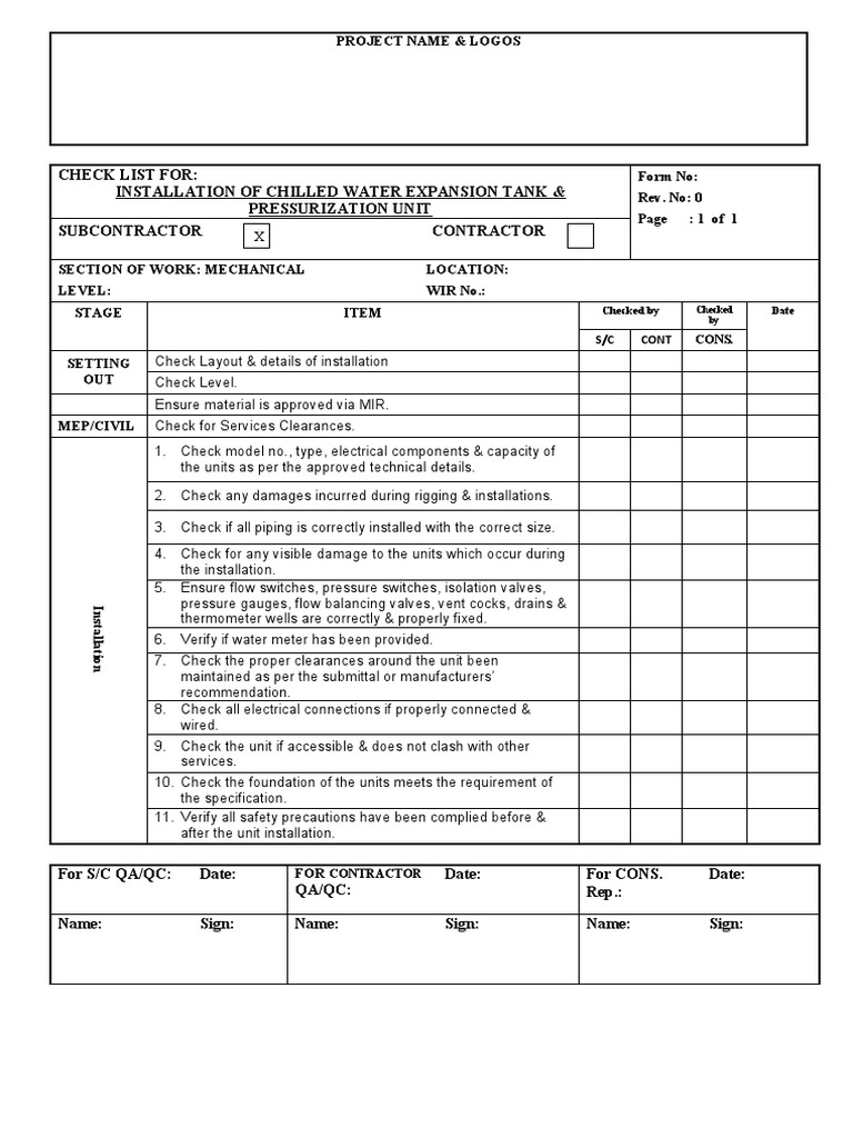 Checklist For Installation of Pressurization Unit | PDF | Valve | Building Engineering