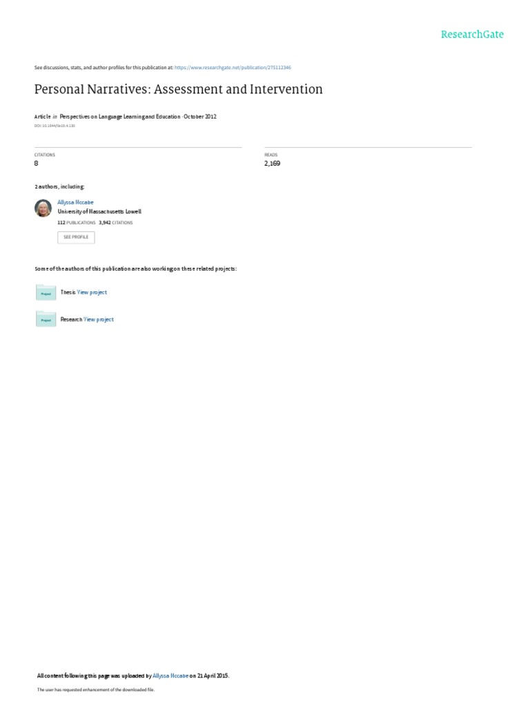 Personal Narratives: Assessment and Intervention: Perspectives On ...