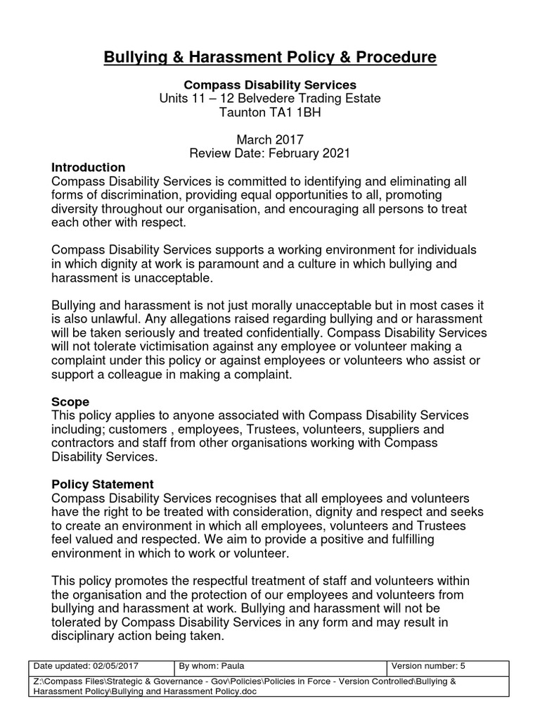 Bullying And Harassment Policy Pdf Harassment Bullying