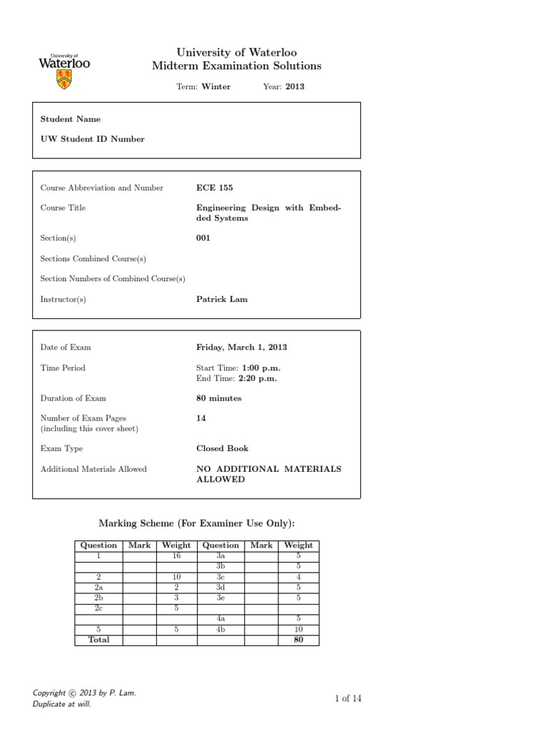 University of Waterloo Midterm Examination Solutions: Marking Scheme ...