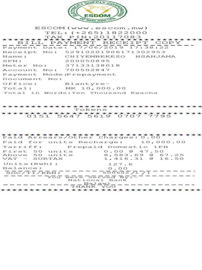 Bill Payment Receipt Copy: ESCOM (WWW - Escom.mw) TEL: (+265) 1822000 ...