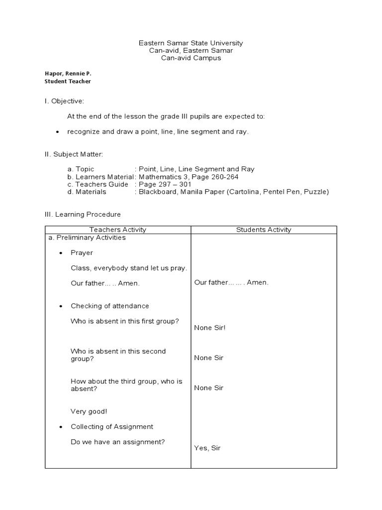 Teaching Points, Lines, and Rays in Math | PDF | Lesson Plan | Learning