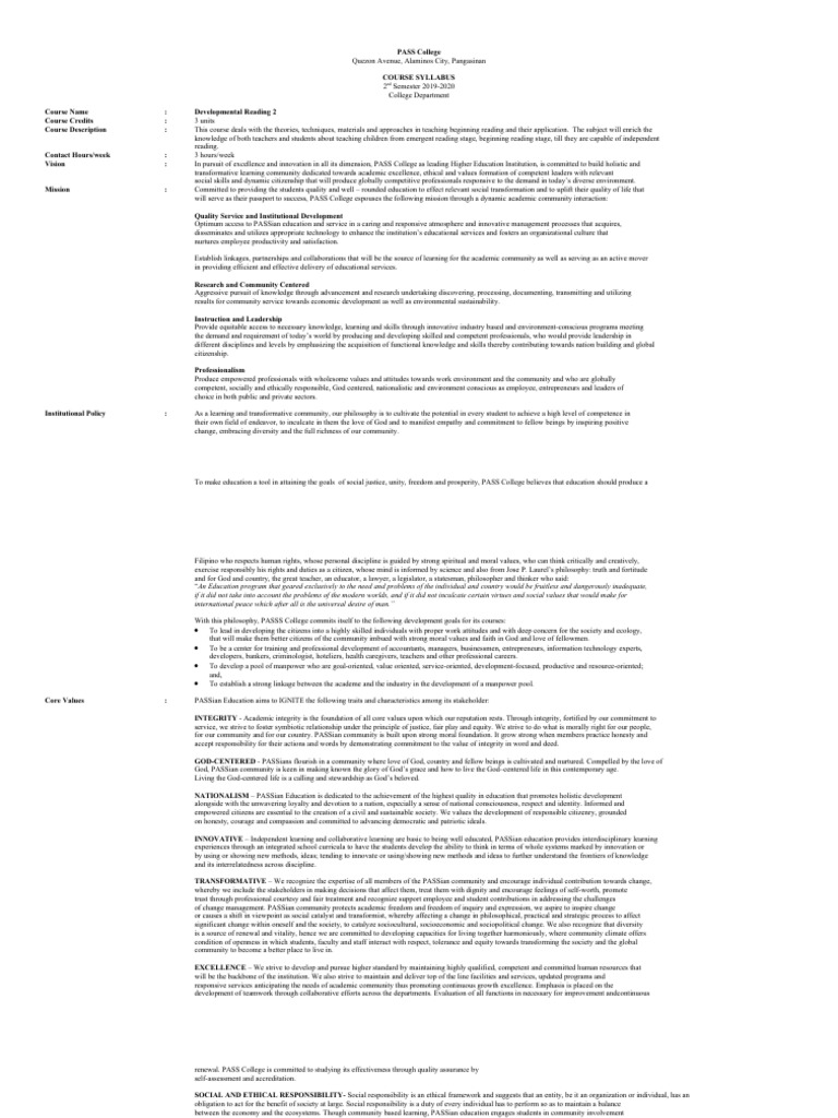Developmental Reading 2 Syllabus | PDF | Lesson Plan | Literacy