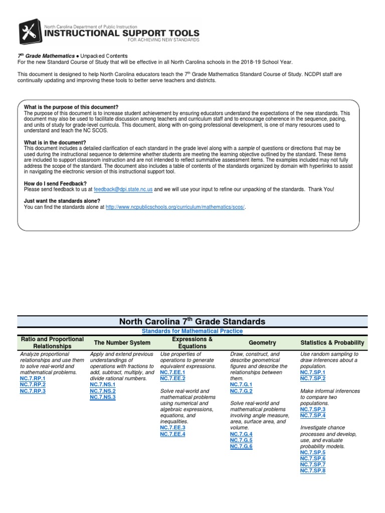 NC 7th Grade Math Standards Unpacked | PDF | Fraction (Mathematics ...