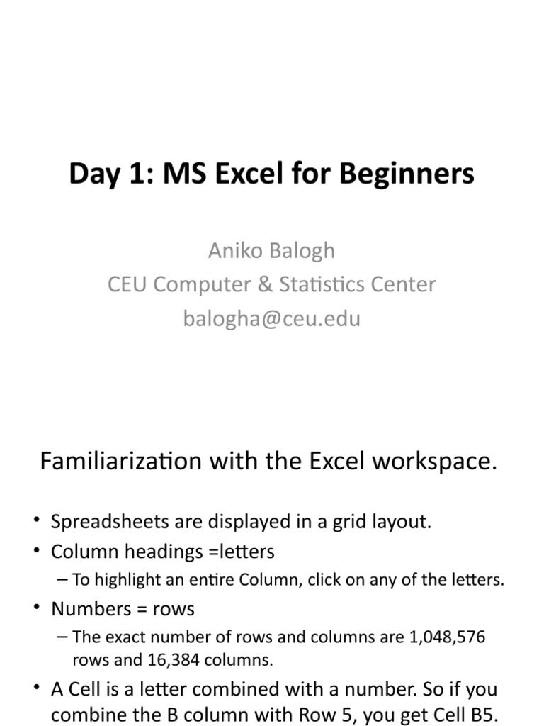 Day 1: MS Excel For Beginners: Aniko Balogh CEU Computer & Statistics ...