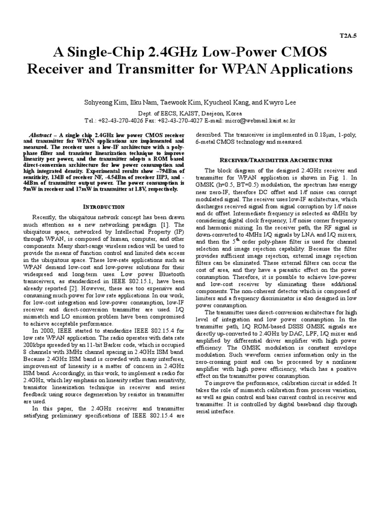 A Single-Chip 2.4Ghz Low-Power Cmos Receiver and Transmitter For Wpan ...
