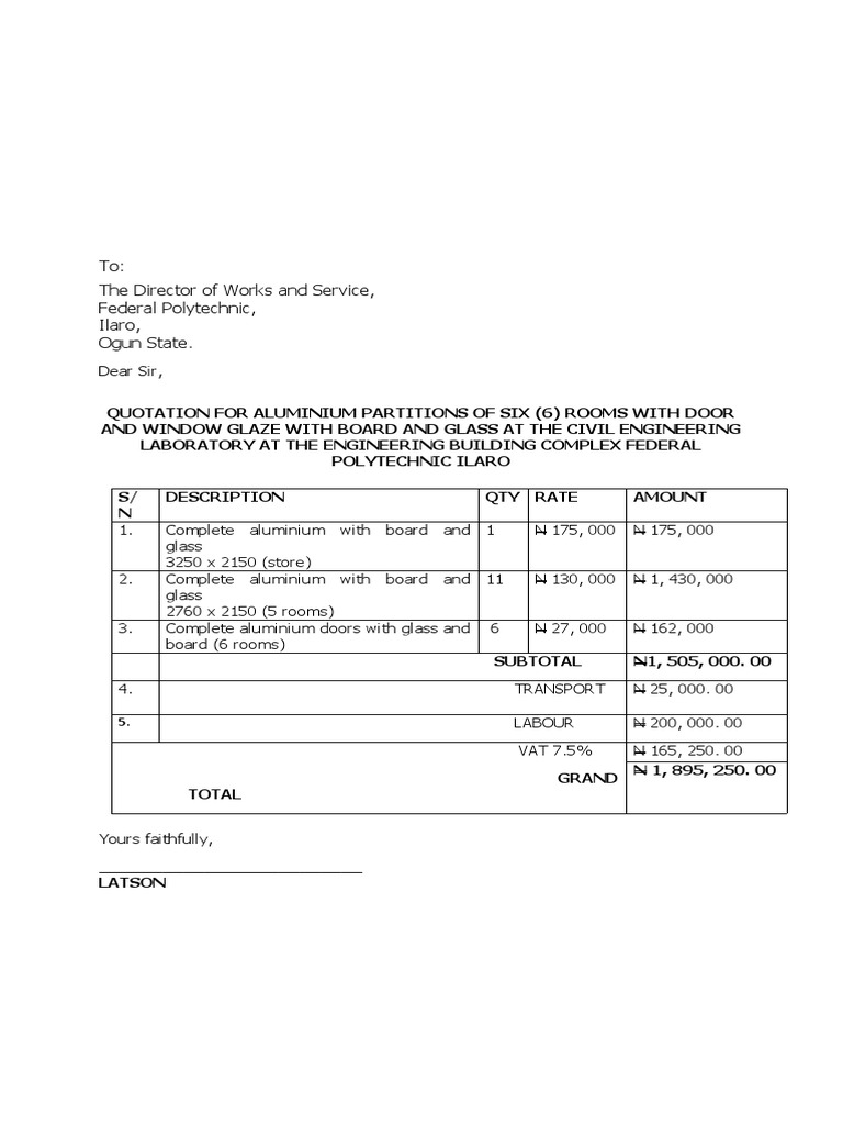 Quotation For Aluminium Partitions | PDF