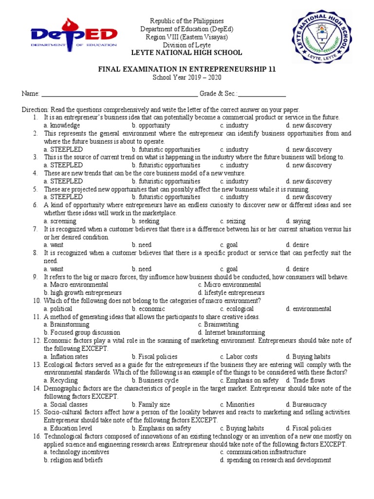 Grade 11 Entrepreneurship Final Exam | PDF | Entrepreneurship | Equity ...