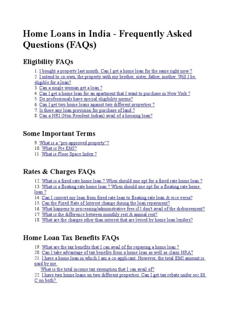 Home Loans in India - Frequently Asked Questions (Faqs) | PDF | Loans ...