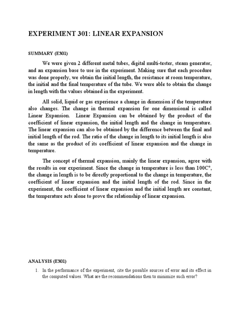Experiment 301: Linear Expansion: SUMMARY (E301) | PDF | Thermal ...