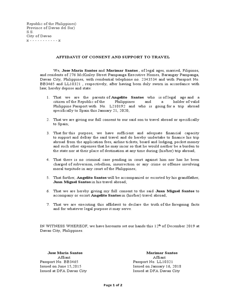 Affidavit of Consent and Support | PDF | Affidavit | Government And Personhood