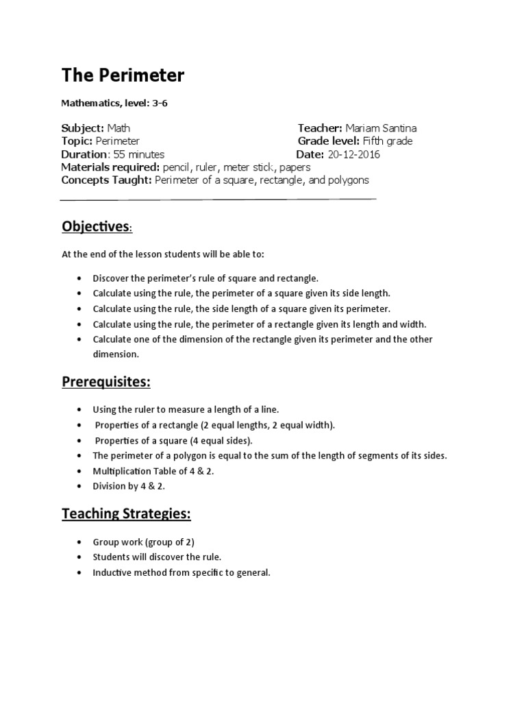 The Perimeter: Objectives | PDF | Length | Multiplication