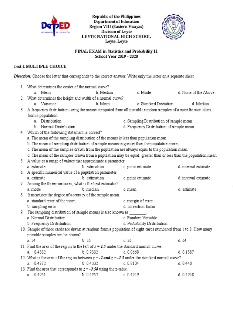Statistics and Probability Final Exam | PDF | Variance | Normal ...