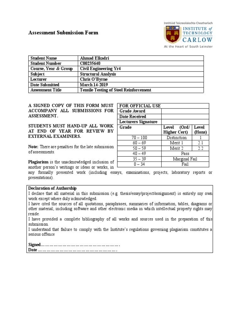 Assessment Submission Form | PDF | Strength Of Materials | Ultimate ...