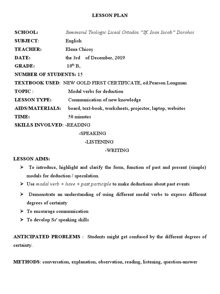 Modal Verbs Deduction Lesson Plan | PDF | Verb | Lesson Plan