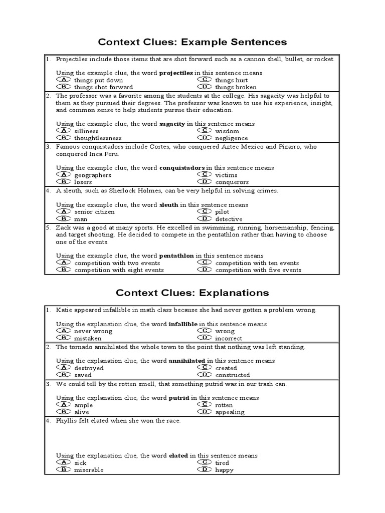 Context Clues: Example Sentences | PDF