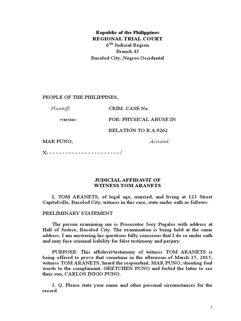 Sample Judicial Affidavit For RA 9262 | PDF | Perjury | Witness