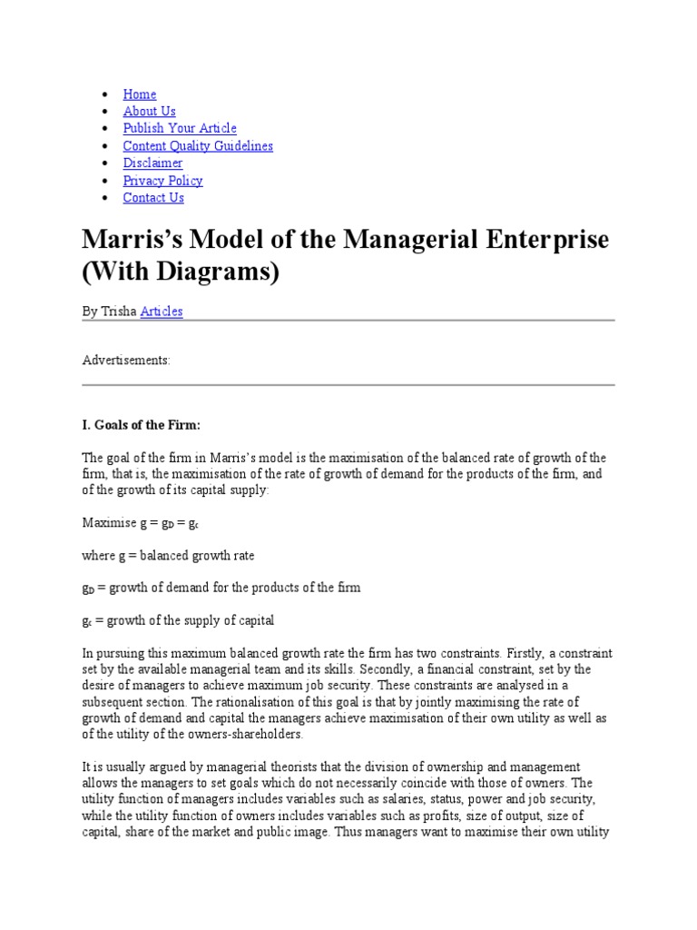 Marris's Model of The Managerial Enterprise (With Diagrams) | PDF ...