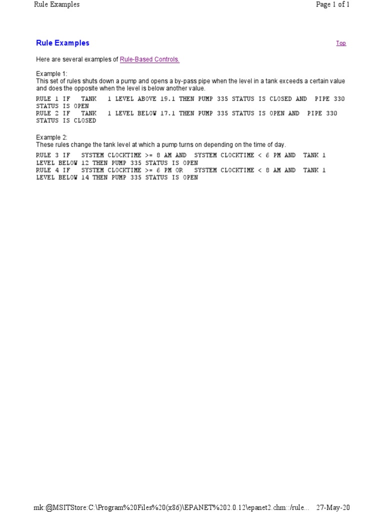 Epanet Rule Based Control Examples | PDF