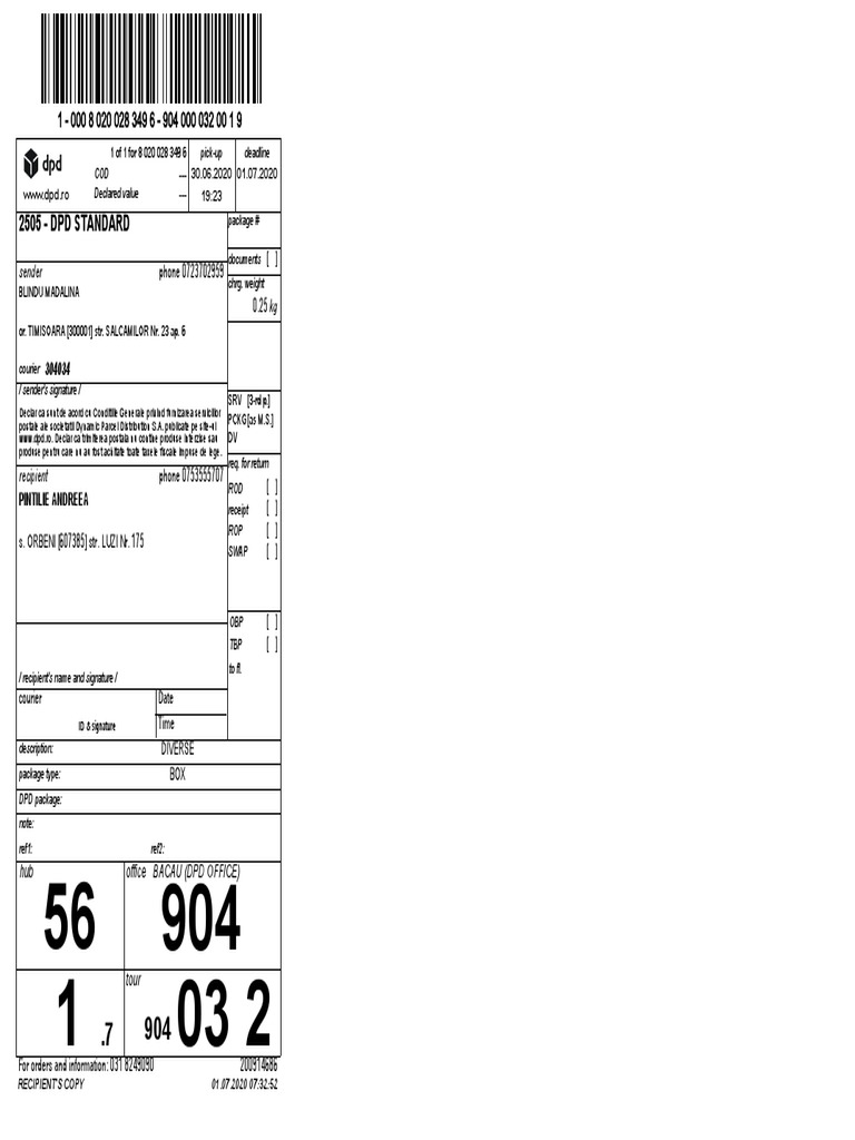 Awb Colete Online 30062020 Dpd 80200283496 Pdf Freight Transport