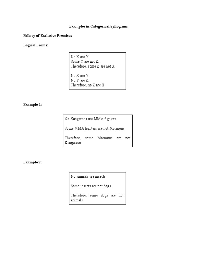 Examples in Categorical Syllogisms Fallacy of Exclusive Premises ...
