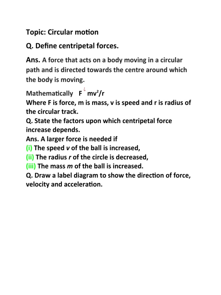Topic: Circular Motion Q. Define Centripetal Forces. Ans | PDF | Teaching Methods & Materials ...