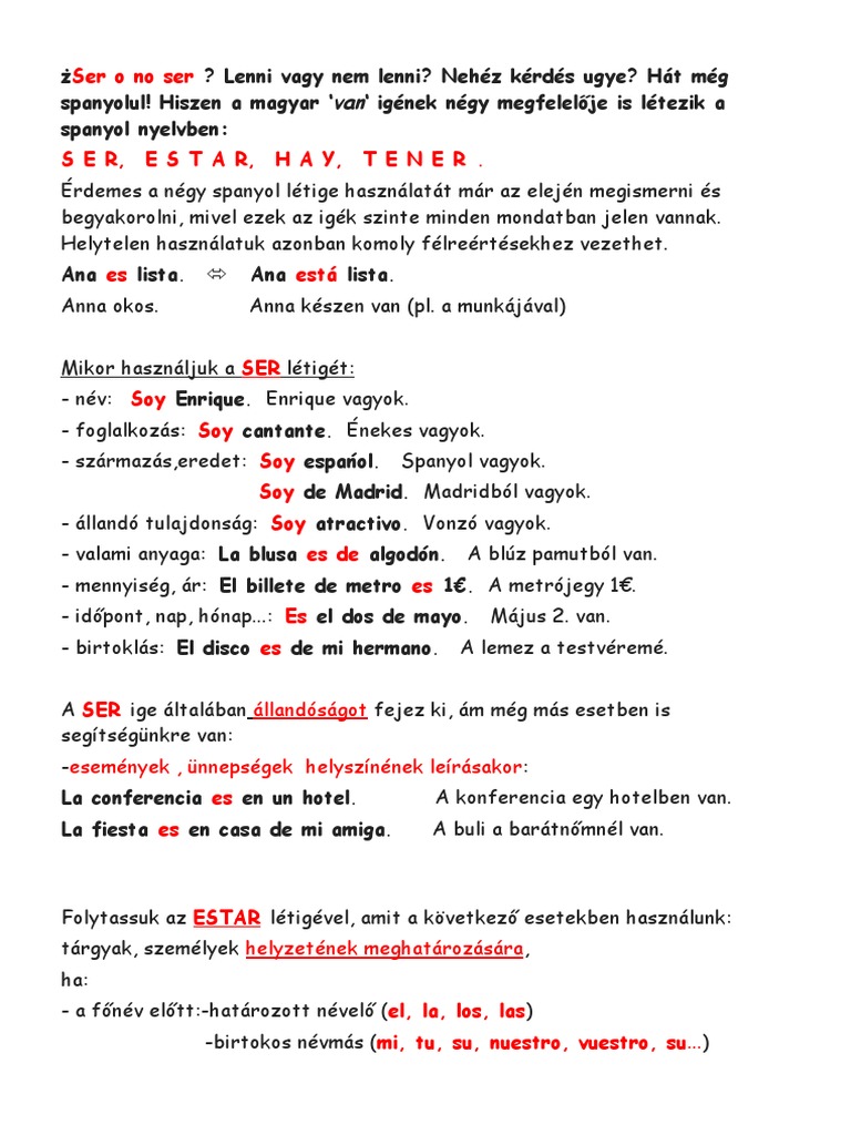 Ser Estar Hay Tener | PDF