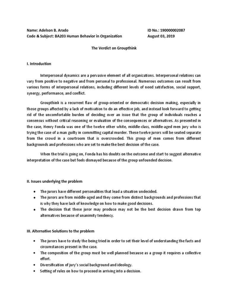 Chapter 9 - The Verdict On Groupthink Case Study | PDF | Psychological ...