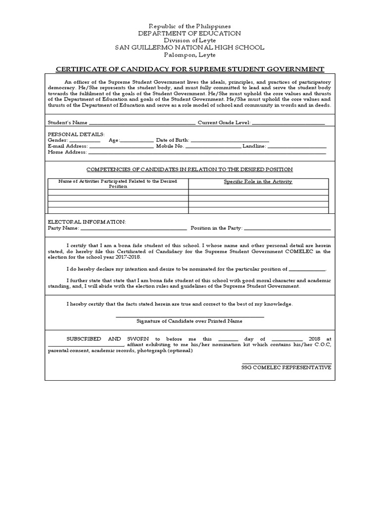 Certificate of Candidacy For Supreme Student Government | PDF ...