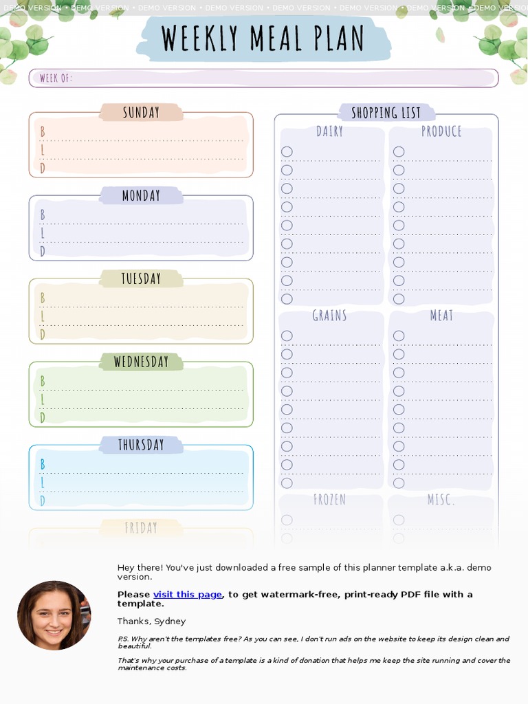 Weekly Meal Plan With Shopping List Floral Style PDF | PDF