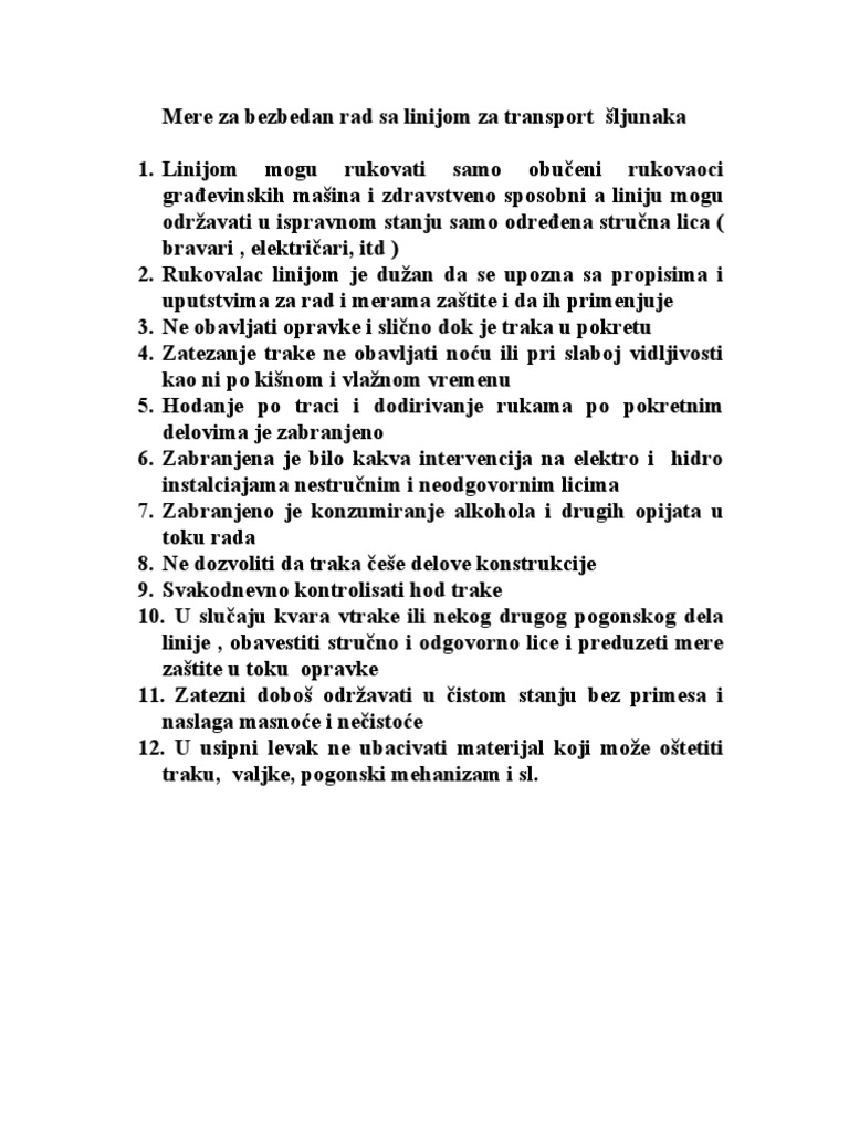 Mere Za Bezbedan Rad Sa Linijom Za Transport Šljunaka | PDF