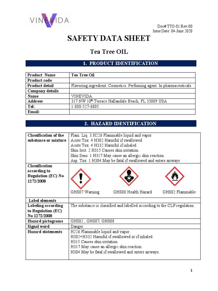 Safety Data Sheet: Tea Tree OIL | PDF | Toxicity | Firefighting