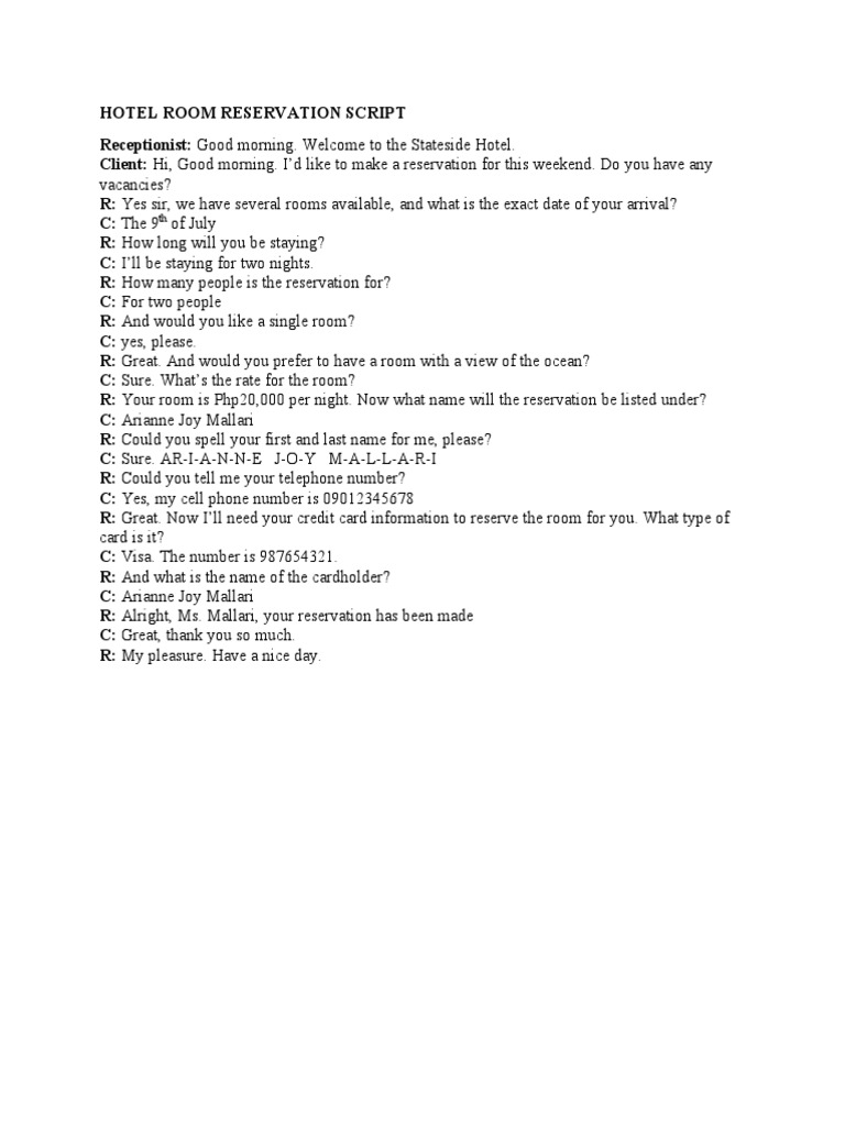 Hotel Room Reservation Script Output | PDF