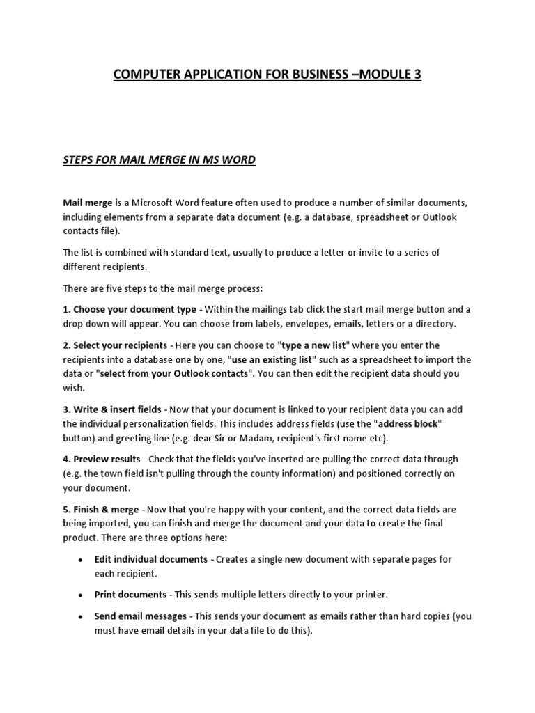 Computer Application For Business - Module 3: Steps For Mail Merge in ...