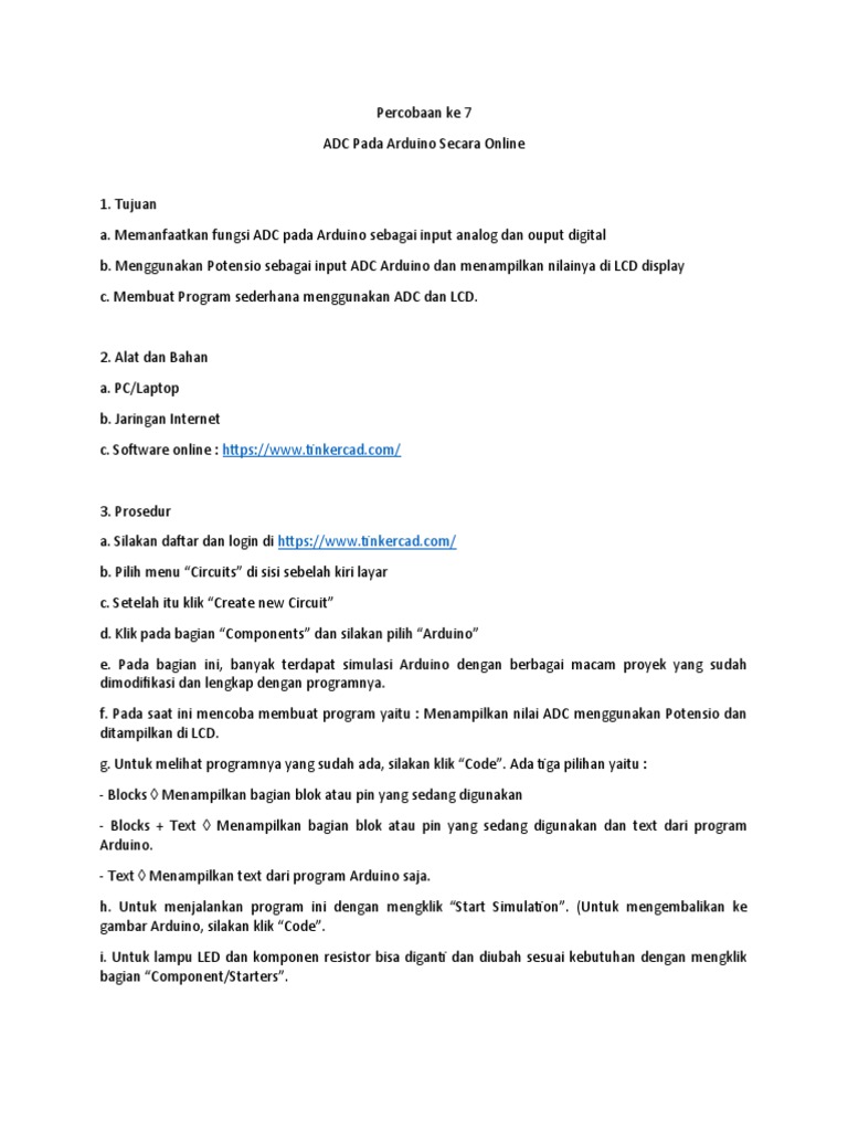 Percobaan Ke 7 (ADC Pada Arduino Secara Online) | PDF