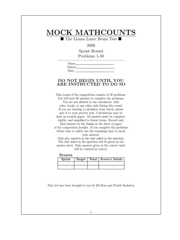 Mock Mathcounts: The Llama Lazer Beam Test 2006 Sprint Round Problems 1 ...