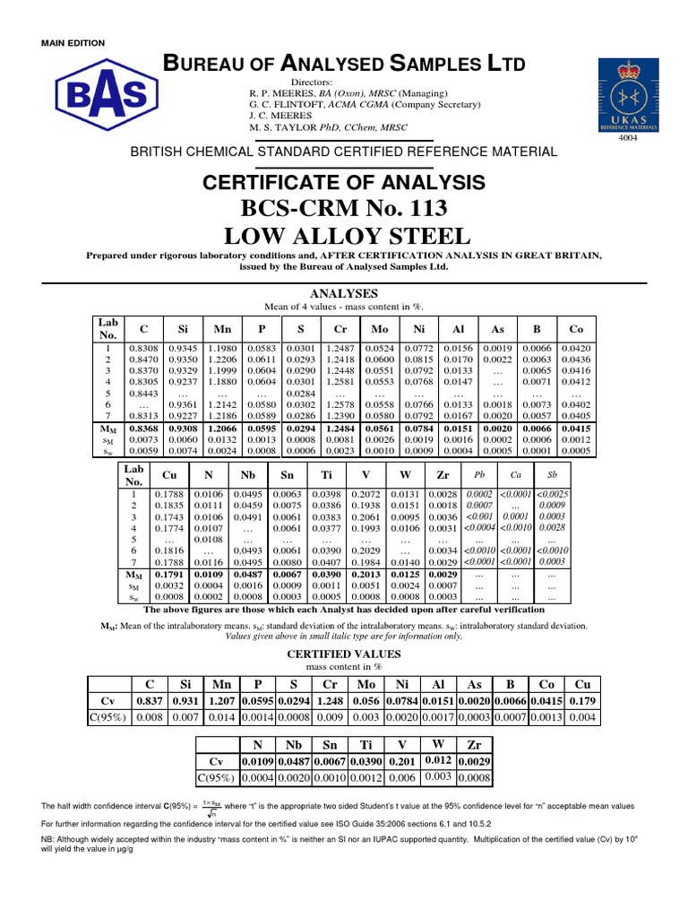 BCS-CRM 113 Low Alloy Steel Analysis | PDF | Metals | Chemical Elements