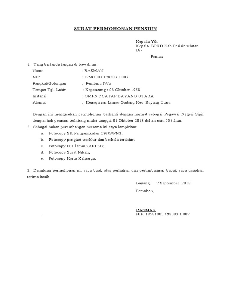 Surat Permohonan Pensiun Pak Rasman Ke BPKD | PDF