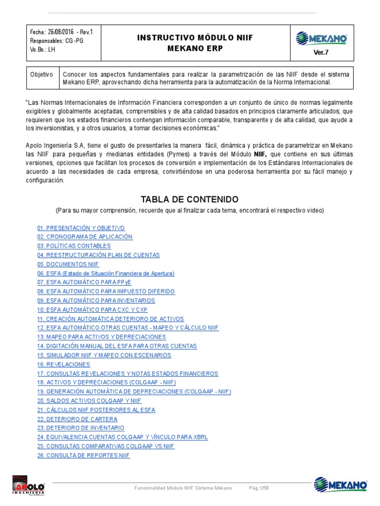 Instructivo - Niif NSTRUCTIVO MÓDULO NIIF MEKANO | PDF | normas internacionales de INFORMACION ...