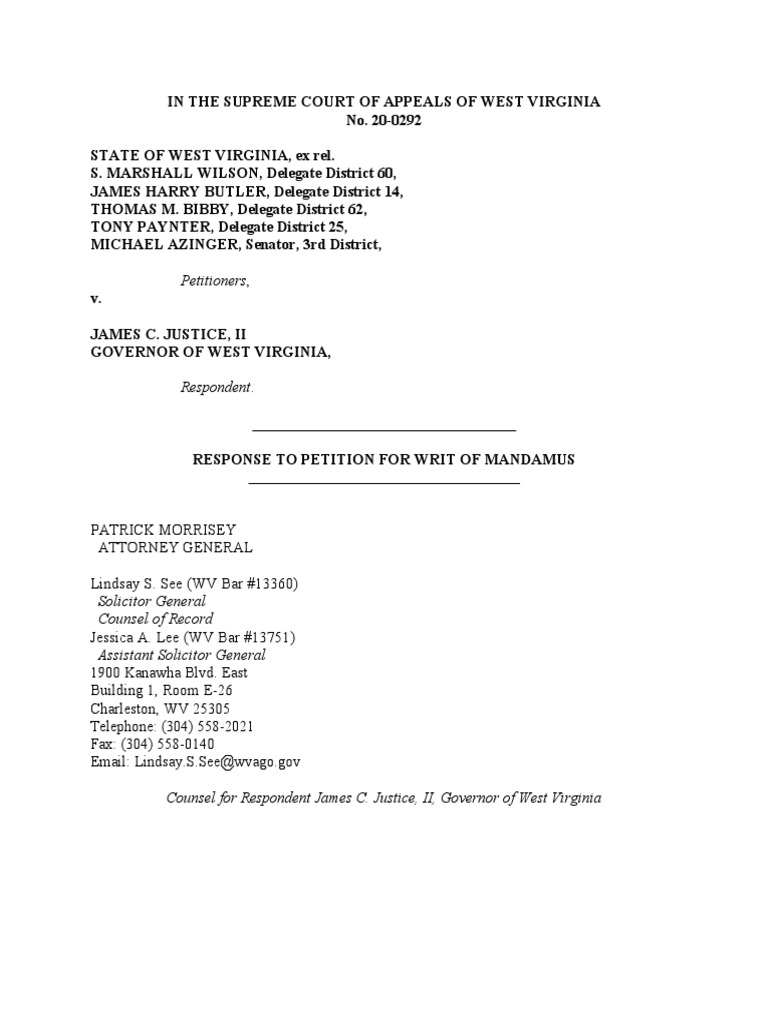 West Virginia Governor's Response To Petition For Writ of Mandamus | PDF | Mandamus | Legal Concepts