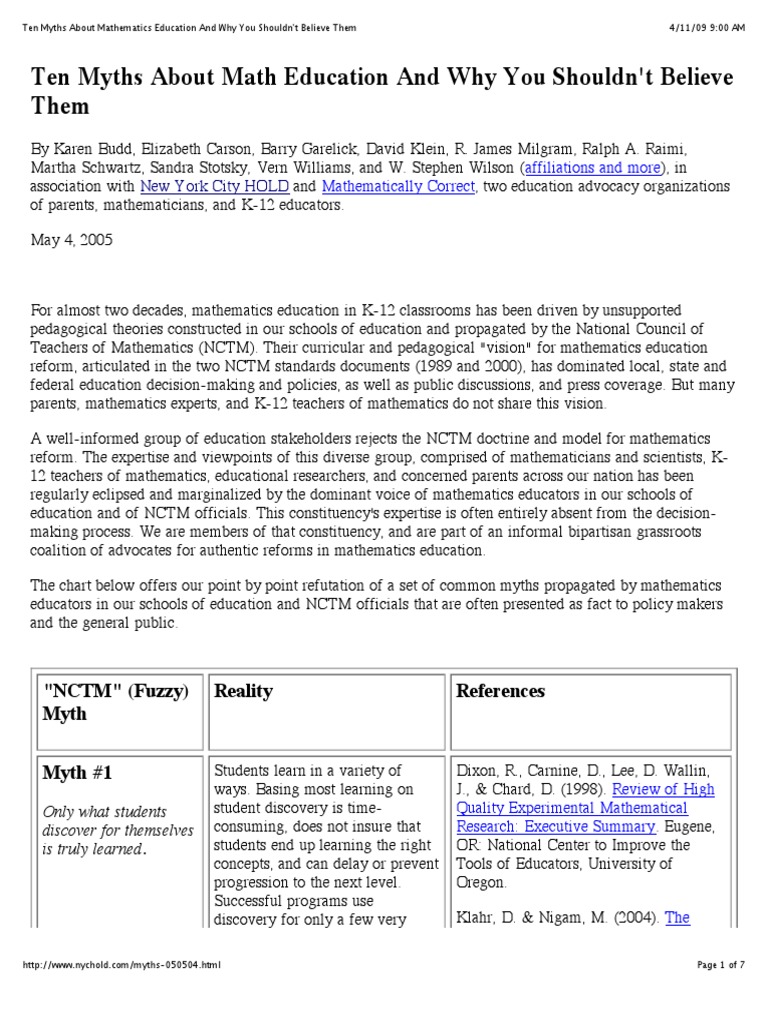 Ten Myths About Math Education and Why You Shouldn't Believe Them | PDF ...