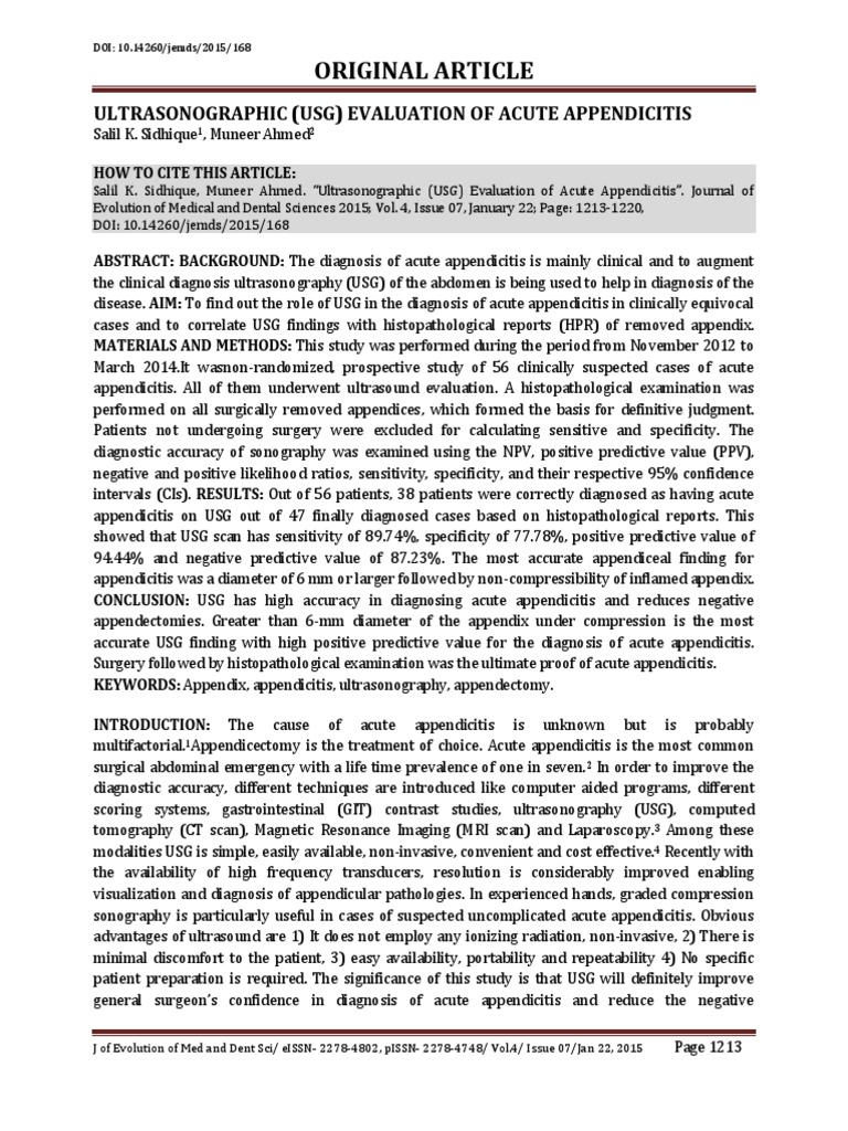 Ultrasonographic Usg Evaluation of Acute Appendici | PDF | Sensitivity ...
